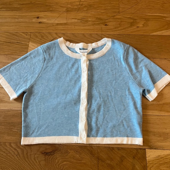 Glassons | Tops | Glassons Super Cute Blue Button Up Top With White ...